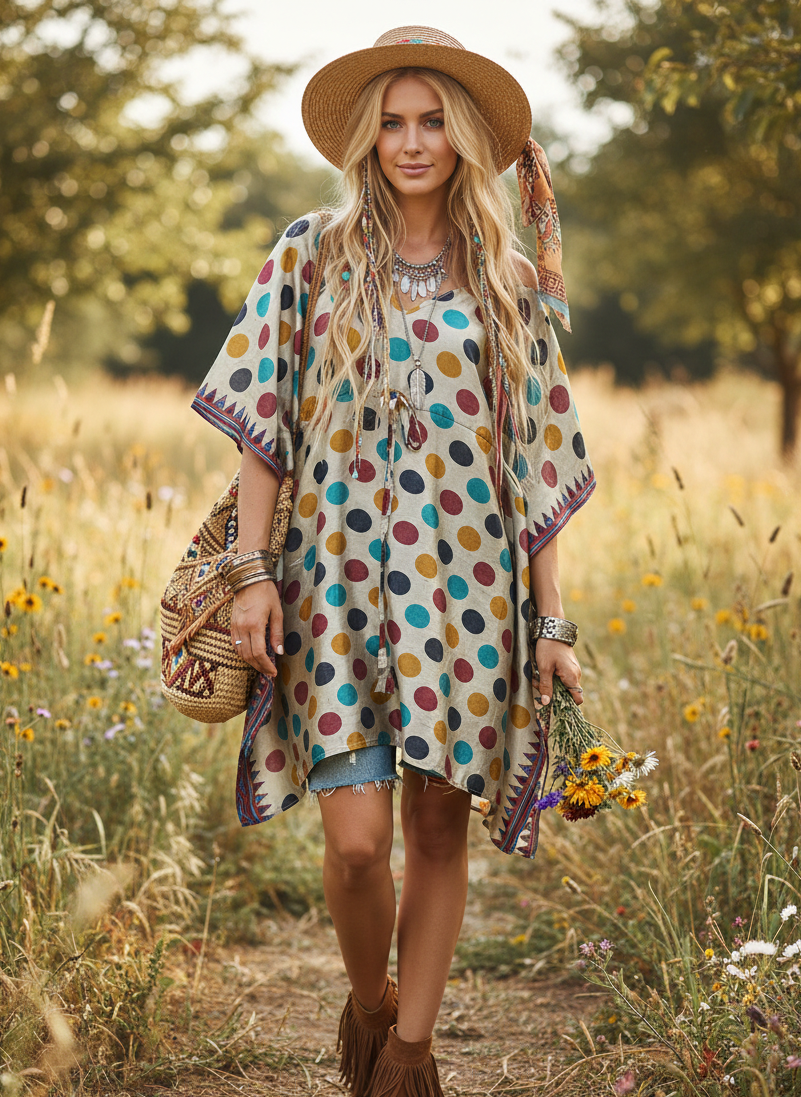 Colorful Polka Dot Boho Silk Kaftan – Poolside & Cruise-Ready Caftan D