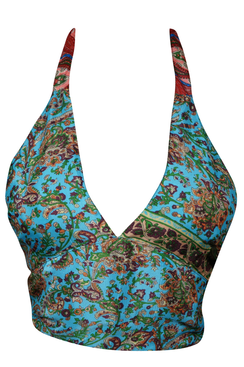 Handcrafted Blue Silk Halter Top – Women's Boho Floral Summer Top One