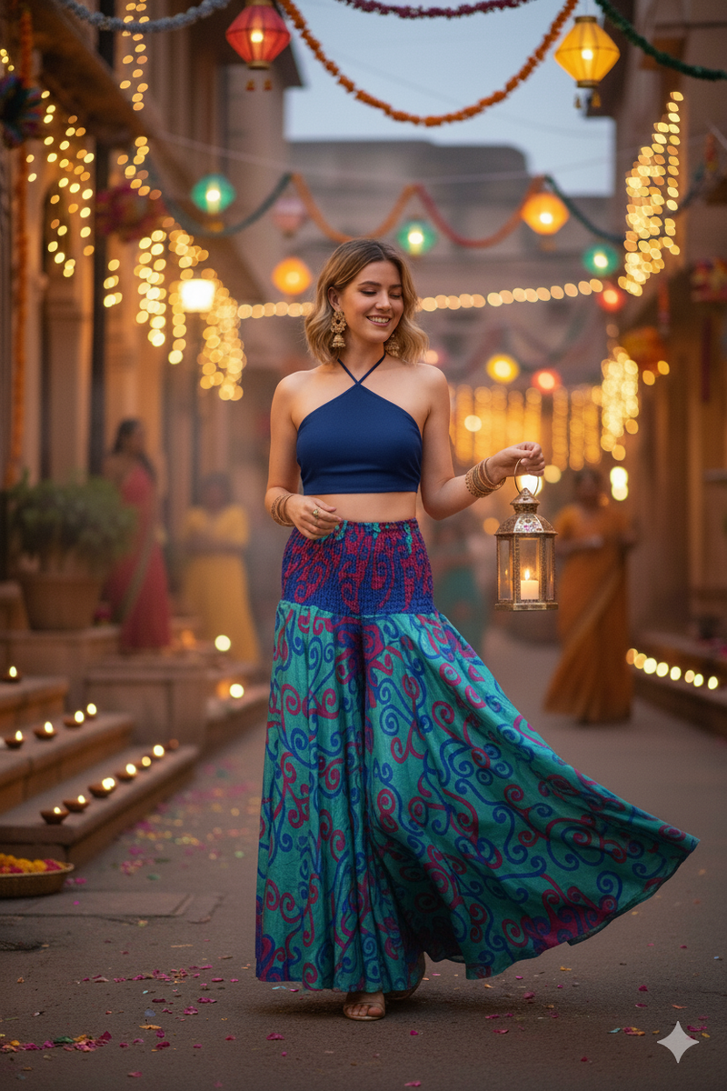 Cerulean Blue Boho Pants – Relaxed Wide-Leg Handmade Trousers with Flo