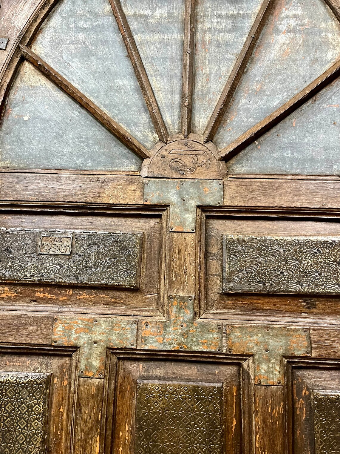 Huge Antique Brass Cladded Hand-Carved Farmhouse Entry Door 118