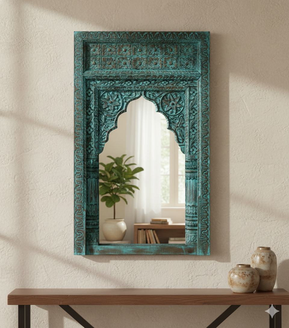 Vintage Arched Wall Mirror – Distressed Blue Rustic Home Decor