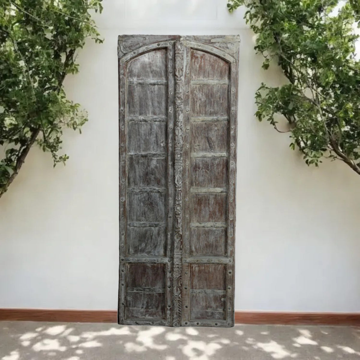 Arched Antique Teak Wood Door – Rustic White Distressed Double Door Panel