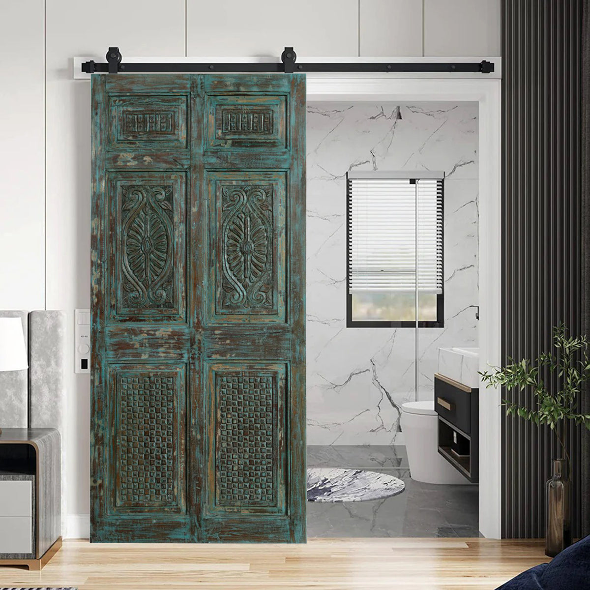 Vintage Carved Single Barn Door – Distressed Wooden Home Door 80