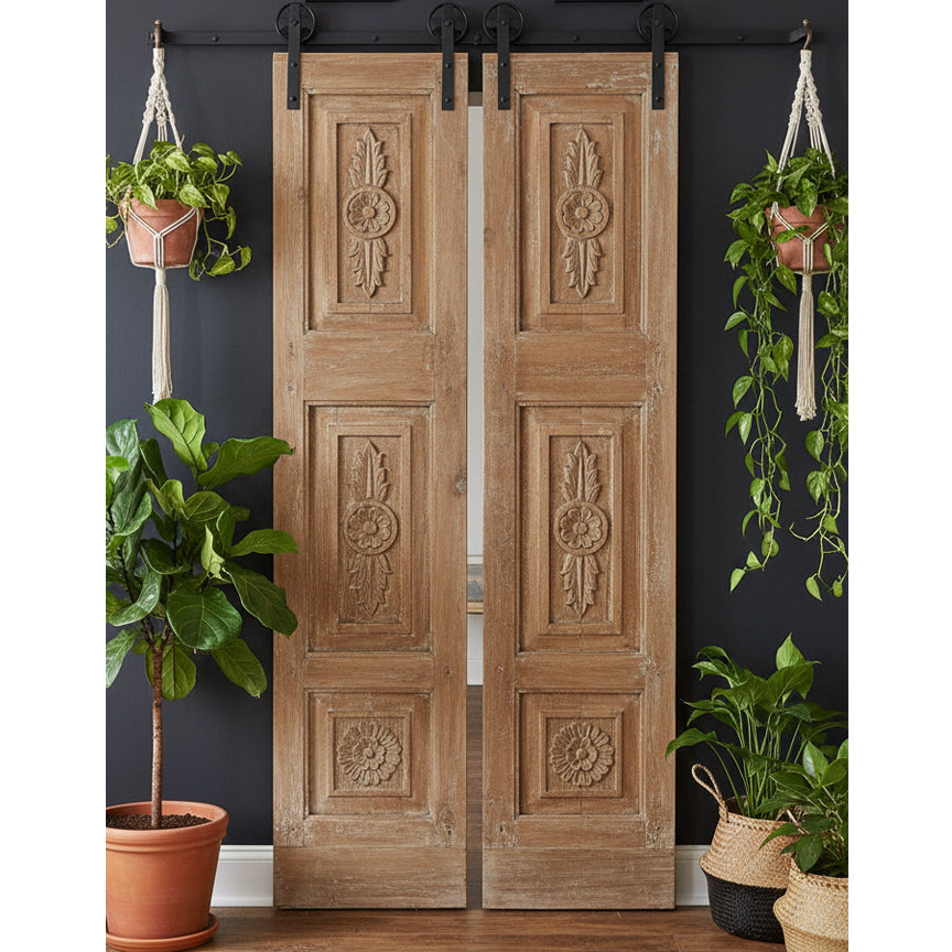 Floral Antique French Doors in Distressed Wood for Sliding or Hinged