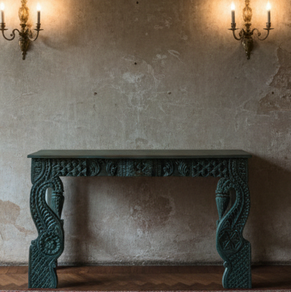Antique Indian Hand-Carved Peacock Console Table | Ornate Entryway Fur